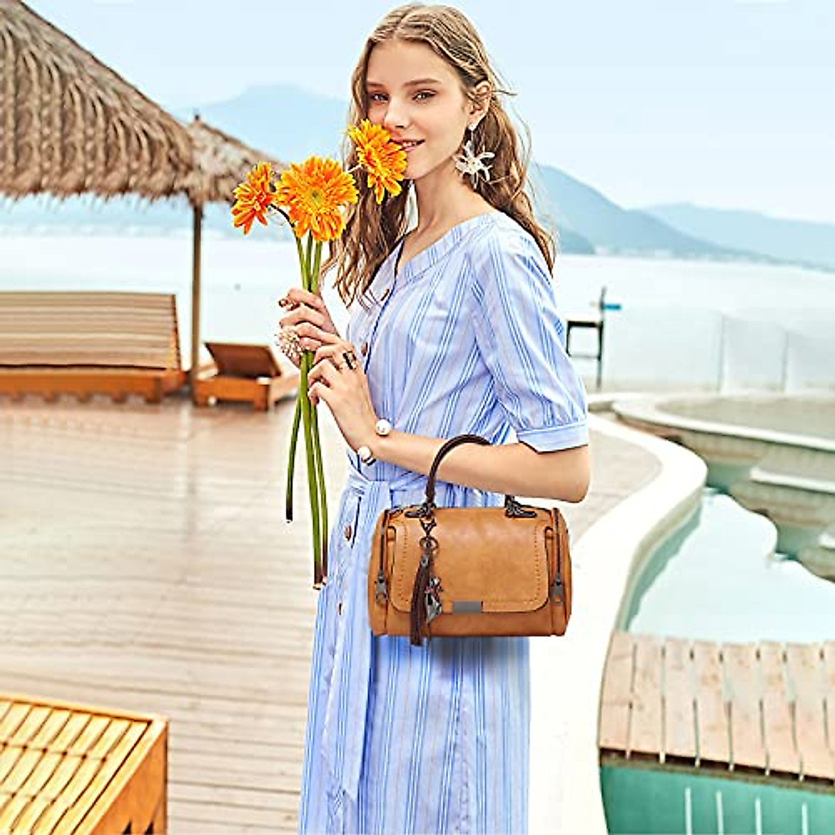 PORRASSO Retro Handbag Women Crossbody Bag Ladies Shoulder Bag Waterproof PU Leather Top-Handle Bag Work Travel Dating Boston Bag Light Brown