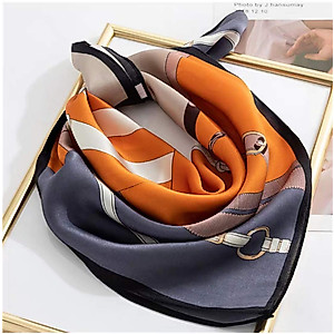ANDANTINO 100% Real Mulberry Silk Scarf -21'' x 21''- Lightweight Neckerchief –Women Men Small Square Digital Printed Scarves (Belts-Orange-Grayish Blue)