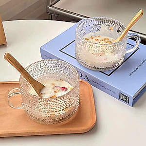 Vintage Glass Coffee Mugs with Spoons Set of 4, 14 Oz Overnight Oats Containers, Clear Coffee Cups with Handle, Embossed Breakfast Cups for Cappuccino, Latte, Cereal, Yogurt, Dessert, Beverage