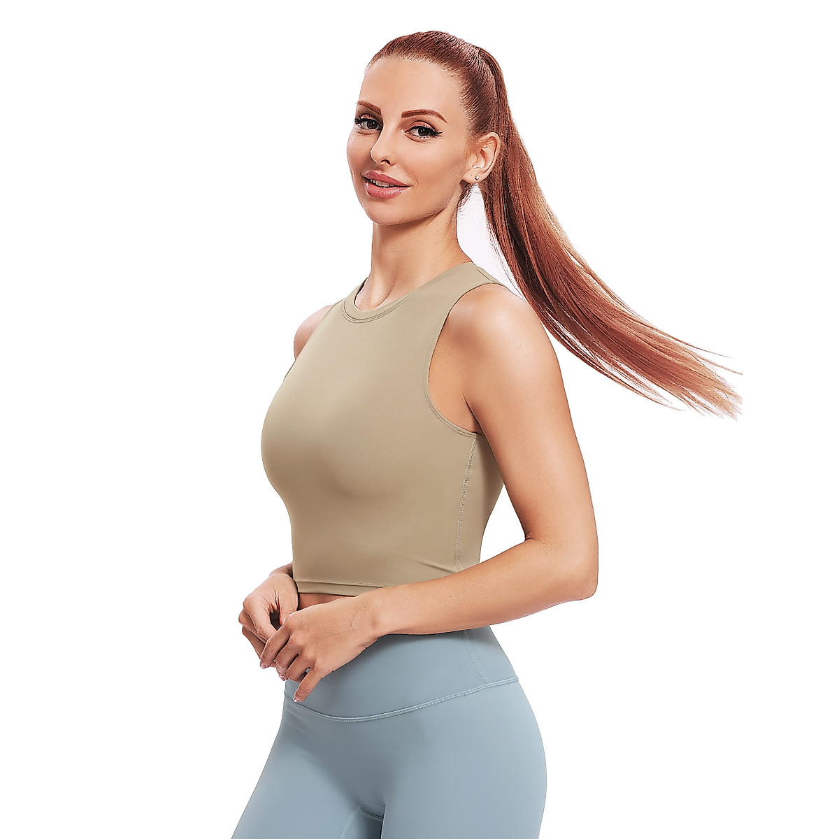 Natural Feelings Nudi Sports Bras for Women Removable Padded Yoga Tank Tops Sleeveless Fitness Workout Crop Tops Khaki