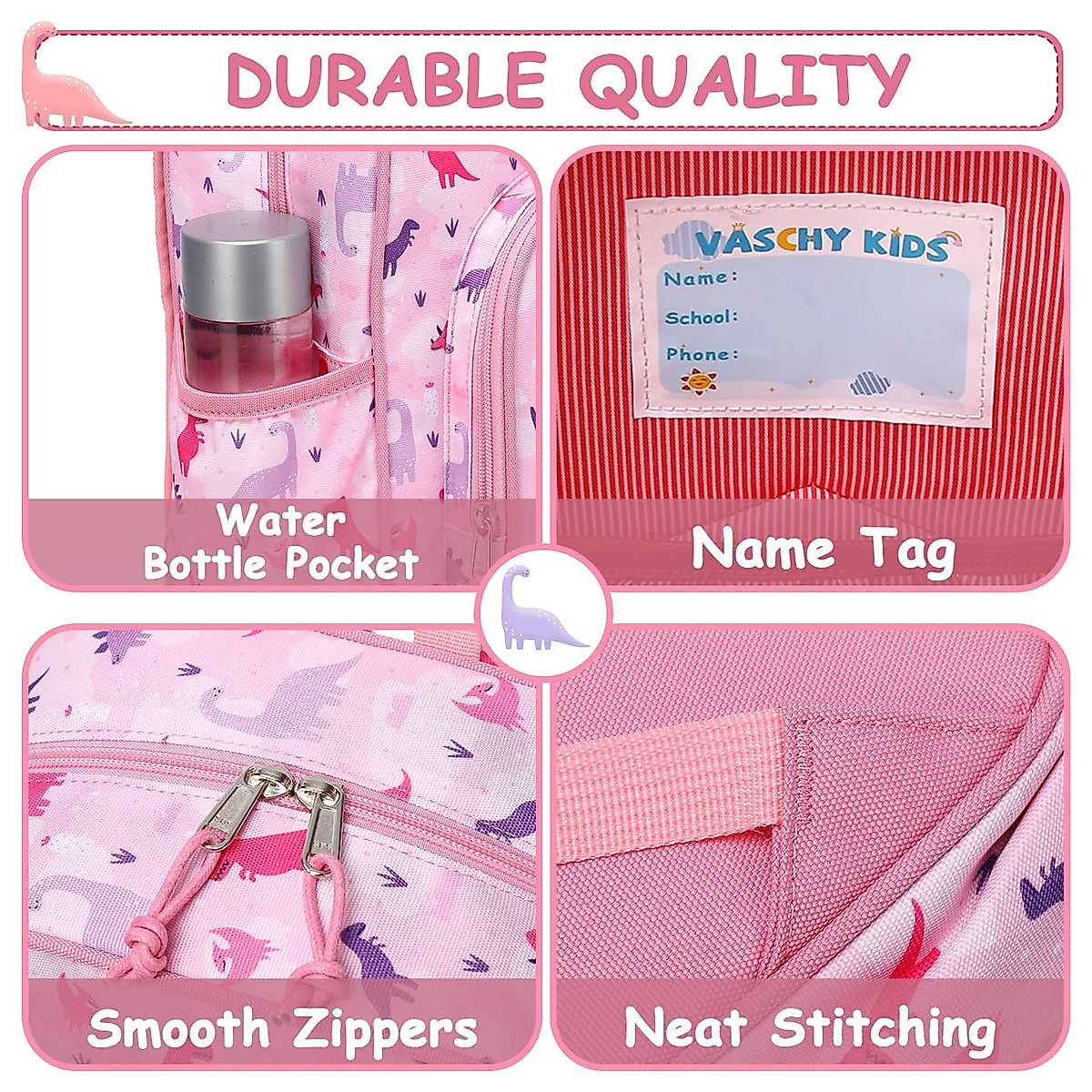 VASCHY Toddler Kids backpacks, Cute Lightweight Water Resistant Preschool Kindergarten Backpack for Girls Pink Dinosaurs