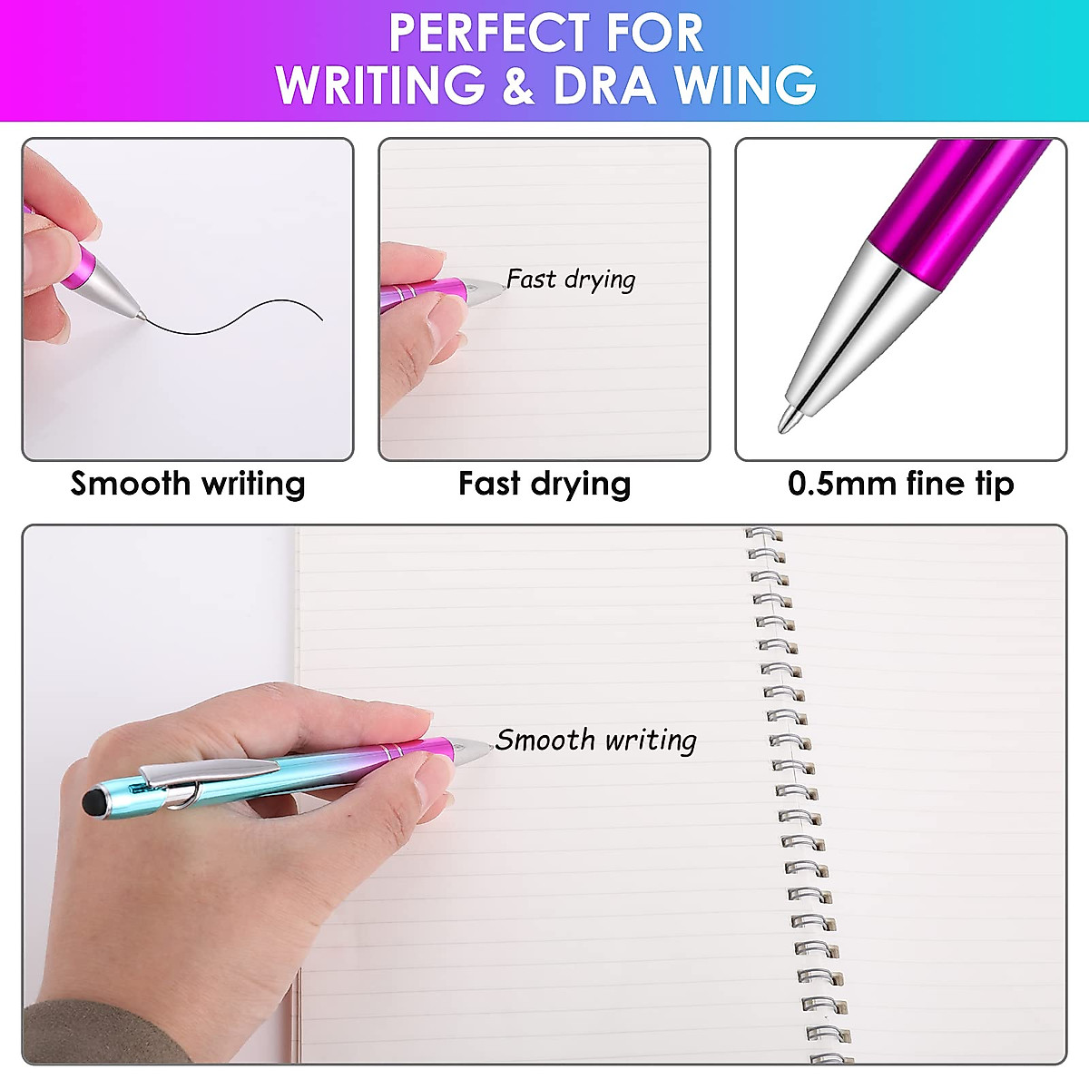 cobee® Retractable Ballpoint Pen with Stylus Tip, 6 Pieces 1.0mm Metal Ball Point Pens Medium Point Smooth Writing Pen Black Ink Pen Stylus Pen for Touch Screens School Office Gift Supplies