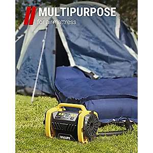 VacLife Tire Inflator Portable Air Compressor - 12V DC/120V AC Car Tire Pump for Air Mattress Beds, Boats with Inflation and Deflation Modes, Dual Powerful Motors, Model: ATJ-6588, Yellow (VL758)