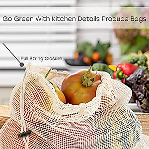 Kitchen Details 3 Pack Reusable Cotton Mesh Produce Bags | Green Living | Fruit and Vegetable Bags & Organizers | Good for Grocery Shopping | Natural Beige