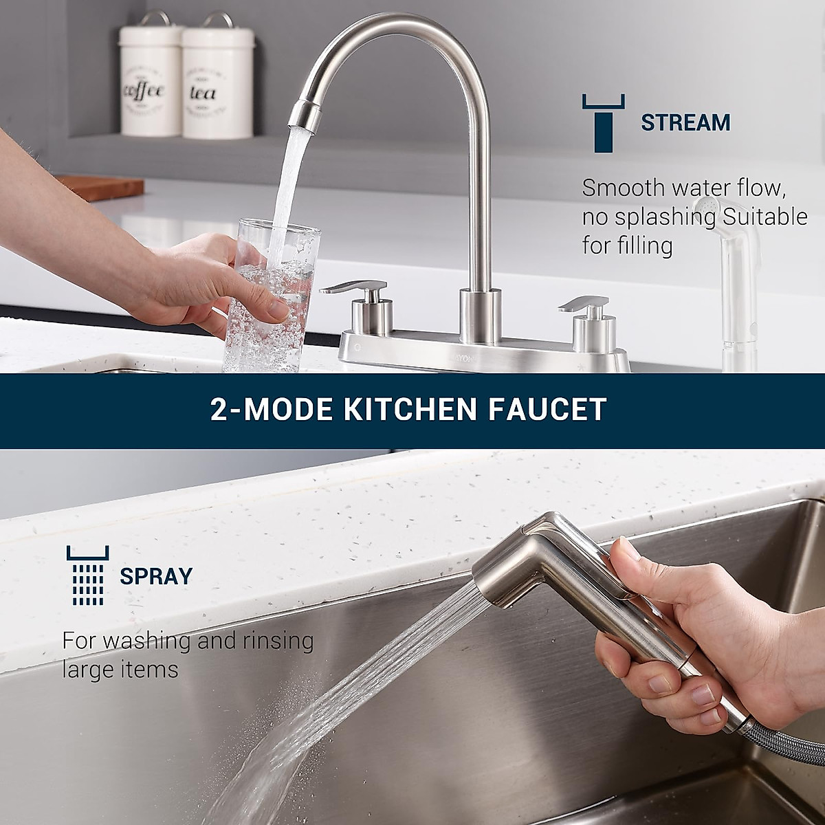DAYONE Kitchen Faucet with Side Sprayer 2 Handle Brushed Nickel, 8 Inches 4 Holes Centerset Kitchen Sink Faucet, Pull Out Stainless Steel Sink Faucets for RV Laundry Bar with Supply Lines, DAY-CR2001