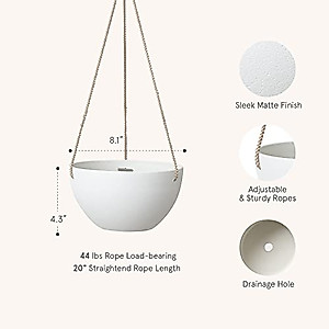 La Jolie Muse White Hanging Planter Basket - 8 Inch Indoor Outdoor Flower Pots, Plant Containers W/ Drainage Hole, Plant Pot for Hanging Plants, Pack 2