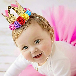 ipalmay Baby Princess Glitter Pink Crown, 3st Birthday Party Hat Pink with Mix Rainbow Color Flowers