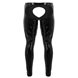 TiaoBug Men's Wet Look PVC Leather Hollow Pouch Tight Pants Leggings Trousers Black 3X-Large