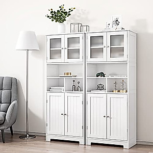 HORSTORS Tall Bathroom Cabinet, Freestanding Storage Cabinet with Glass Doors and Adjustable Shelf, Modern Linen for Bathroom, Living Room, Kitchen, White, 23.6" L x 11.8" D 58" H
