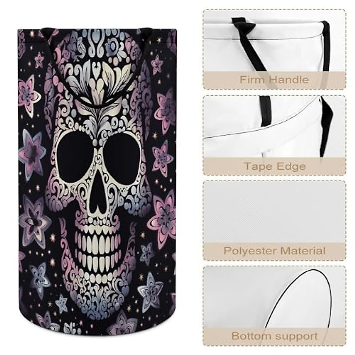 Laundry Basket Hamper Waterproof Dirty Clothes Hamper Cool Skull Collapsible Washing Bin Clothes Bag with Handles Freestanding Laundry Hamper for Bathroom Bedroom Dorm Travel