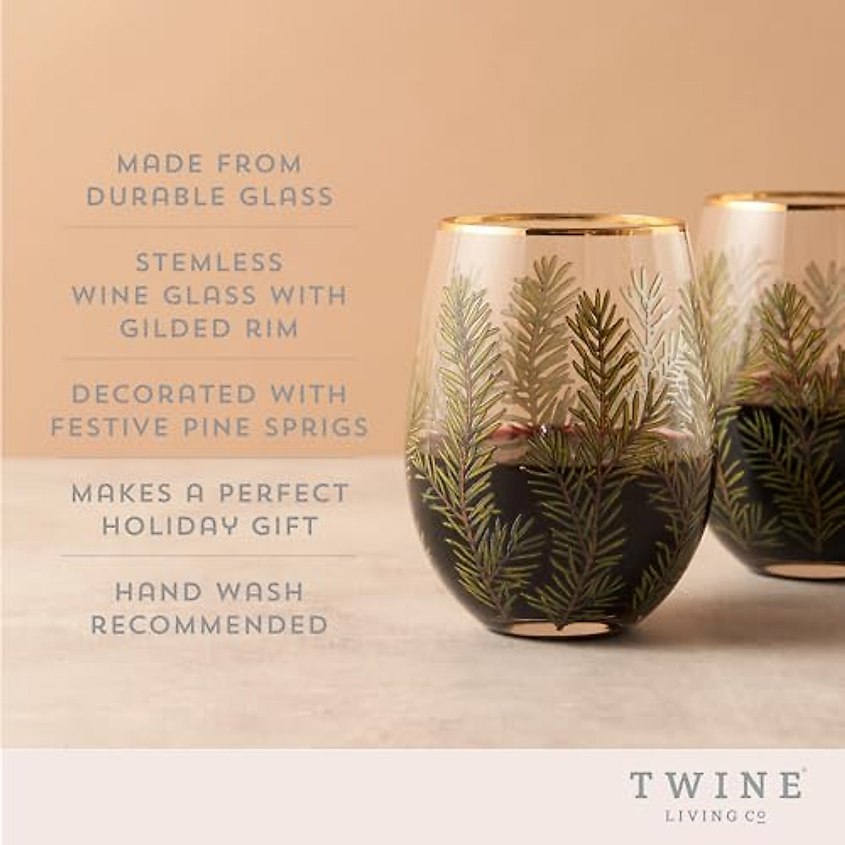 Twine Woodland Stemless Wine Glasses, Festive Gold Rim Tumblers, Decorative Barware, 16 Oz Set of 2