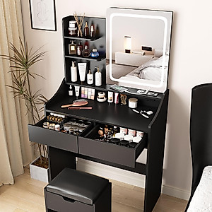 Vabches Vanity Desk with LED Light Mirror and Charging Station, Small Cute Vanity Set with 4 Storage Shelves 2 Drawers, Vanity for Girls Women with Storage Stool, Vanity Table for Bedroom (Black)