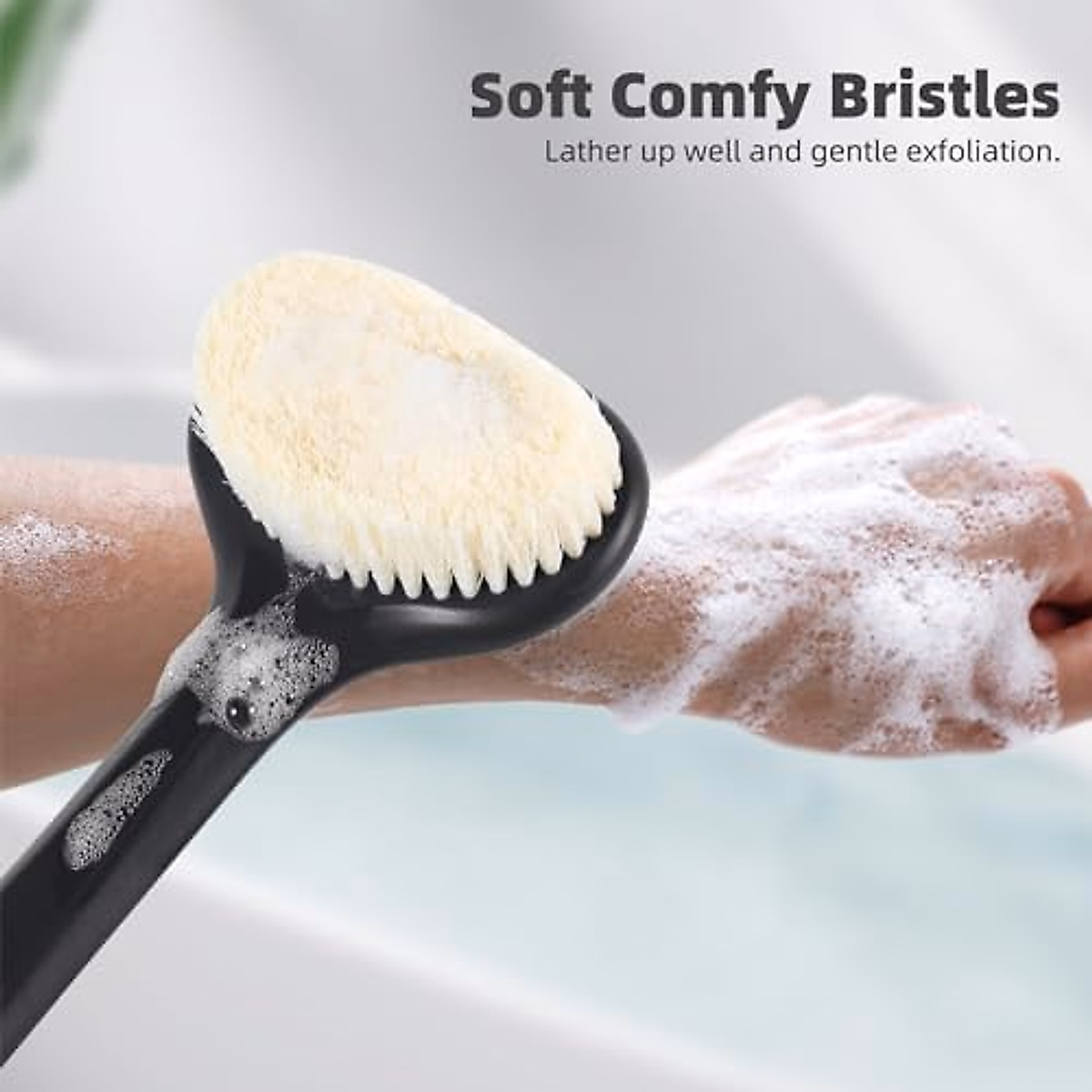 ZARCKER Long-Handled Shower Back Scrubber Brush, 17 Inch, Black, Deep Cleansing, Gentle Exfoliation