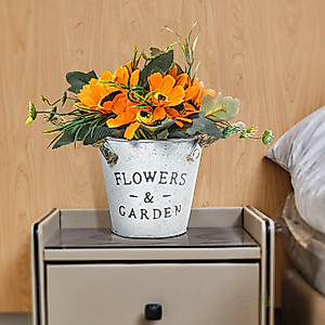Artificial Sunflower Pot Shape Bonsai, 1 Pc Artificial Sunflower with Vase Metal Potted Fake Flower Artificial Sunflowers Bouquet for Party Office Garden Table Home Decor Windowsill (Orange Yellow)
