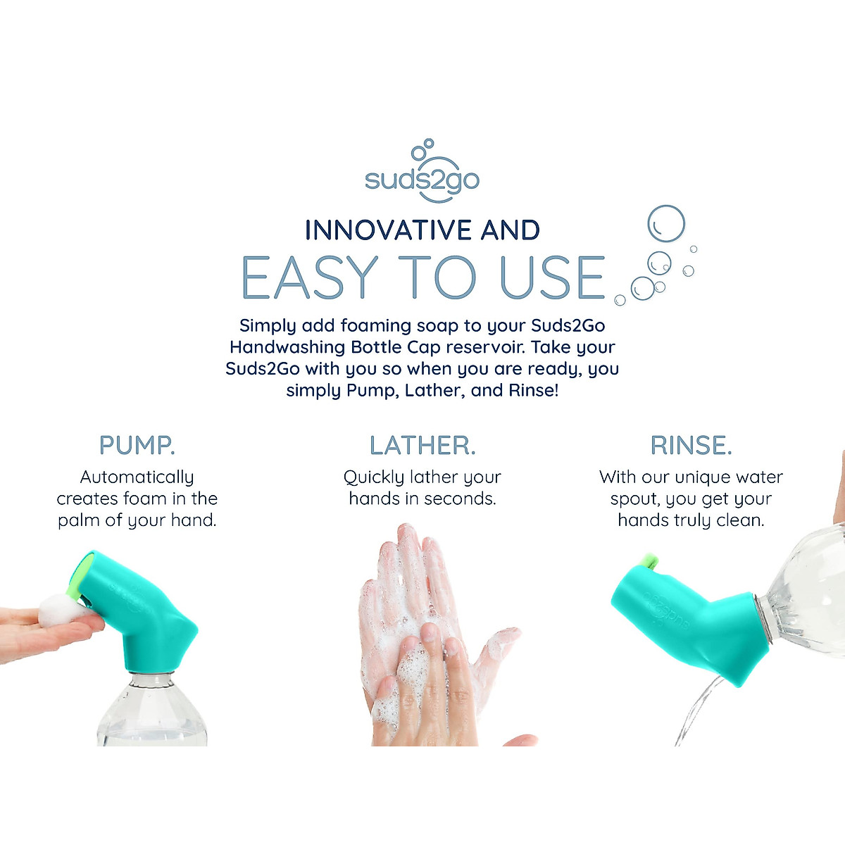 Suds2Go Refillable Caps, 2 Pack - Universal Fit Turns Most Disposable Water Bottles Into A Hand Washing Station - Includes Refillable Soap Reservoir - Conveniently Sized to Take on The Go - Teal