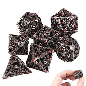 DND Dice,Hollow D&D Metal Dice,Dungeons and Dragons Dice Set with Gift Box,7 PCs Steampunk Polyhedral Dice Games Set for RPG,MTG,Pathfinder,(Dragon Blood Spattered)