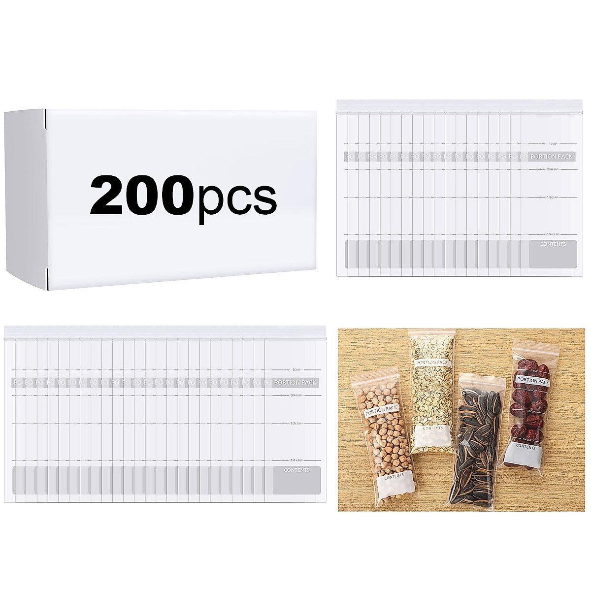 Fuyoooo 200 Count 2.4 x 5.9 Inch Portion Control Storage Bags Plastic Clear Reclosable Zip Poly Bags with Lock Seal Zipper 1 Full Cup Measurement Lines Easy Macros for Nuts Sweets Supplements
