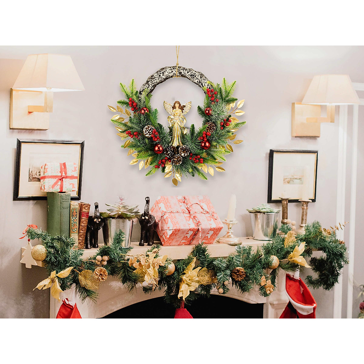 24" Angel Christmas Wreath, Artificial Holiday Wreath with Resin Angel Statue, Natural Rattan Ring & Pine Cones, Golden Leaves, Red Baubles, Spruce Branches, Snowy Pine Needles (Angel)