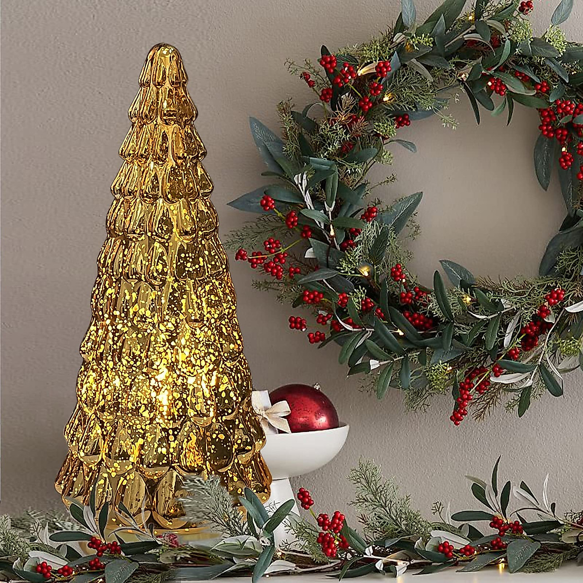 SHMILMH Gold Mercury Glass Christmas Tree 1pcs, Tabletop Christmas Tree with Light, Battery Operated Small Xmas Tree for Fireplace Centerpiece Decorations 10"
