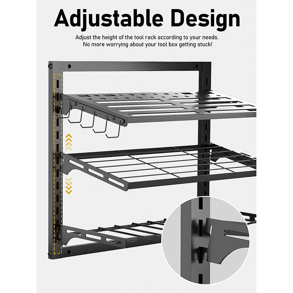 Power Tool Organizer Wall Mount, Tool Storage Rack with 4 Drill Holder, Tool Holder Bears 35lbs, Tool Shelf with Screwdriver, 3-Tier Adjustable Height Tool Rack for Garage Organization and Workshop