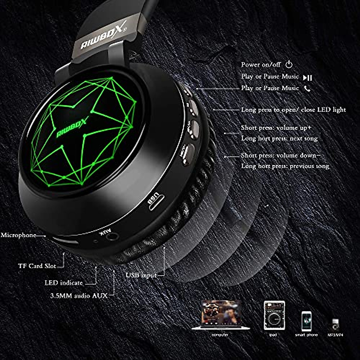 Riwbox WT-8S Bluetooth Headphones, LED Light Up Wireless Headphones Over Ear Hi-Fi Stereo Foldable Wireless/Wired Headsets with Mic and TF-Card Compatible for iPhone ipad Kindle Laptop TV (Black)