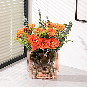 YANWE1 Ribbed Glass Vase, Pink Glass Vase, Flower Vase, Fluted Glass Vase, Ribbed Flower Vase, Clear Vase, Modern Vase for Living Room, Dining Room, Bathroom, Desk, Shelf, Wedding, Office, 7.1 Inches