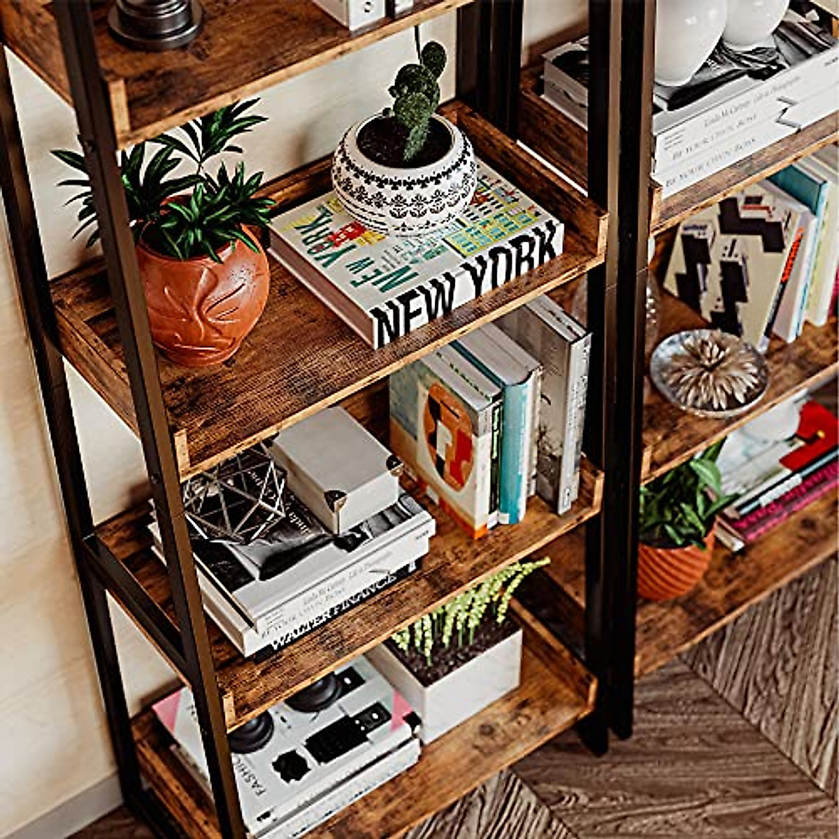 IRONCK Industrial Bookshelf 5-Tier, Bookcase Ladder Shelf, Storage Shelves Rack Shelf Unit, Accent Furniture Metal Frame, Home Office Furniture for Bathroom, Living Room