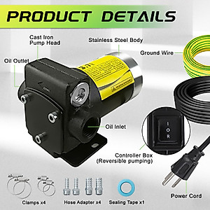 110V Automatic Gasoline Fuel Transfer Pump with Forward and Reverse Pumping, 2.3/3.7 GPM Portable Self-priming Fuel Oil Transfer Pump for Gasoline, Diesel, Kerosene, Biodiesel and More