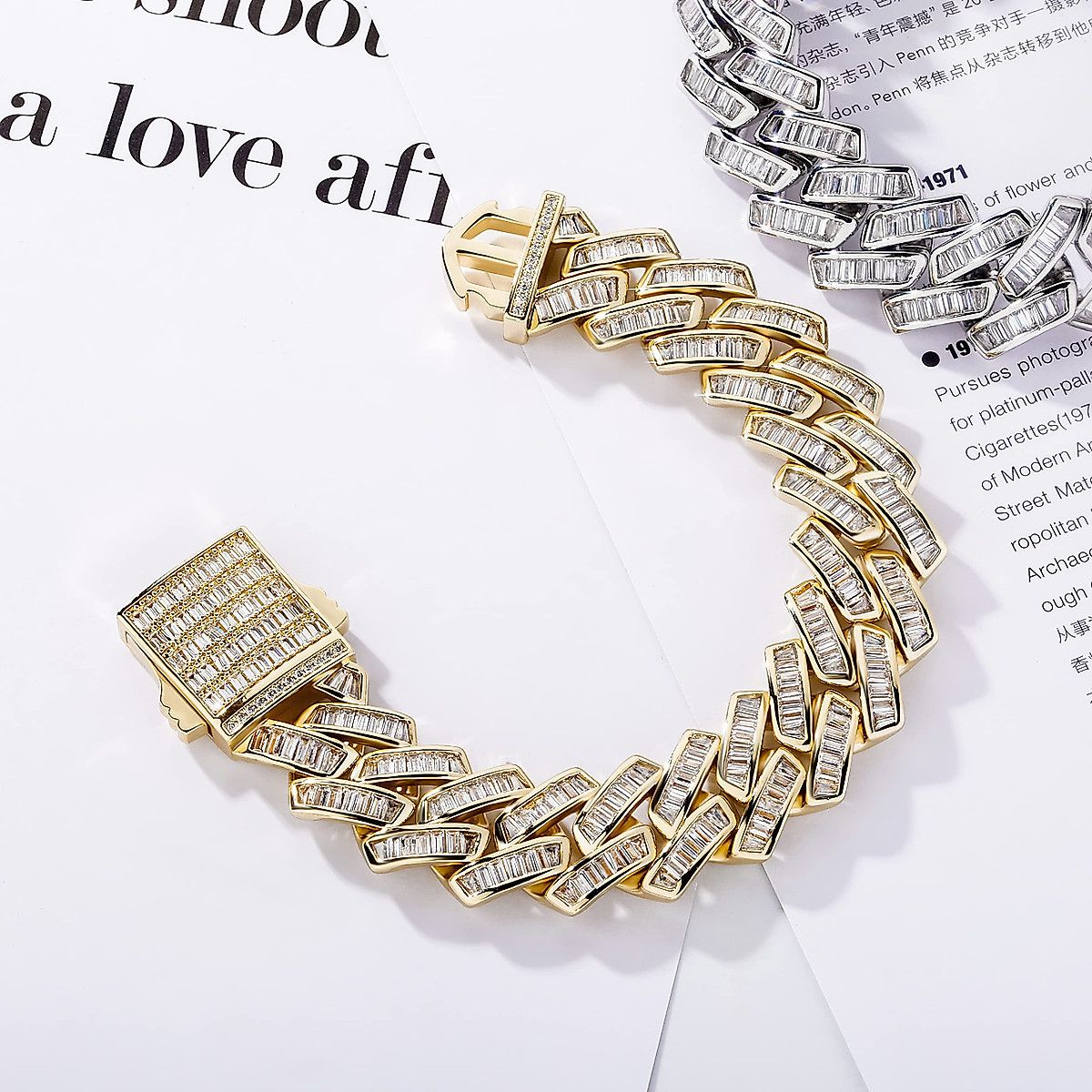 TOPGRILLZ 12mm/18mm Baguette Diamond Miami Cuban Link Bracelet for Men Women 6 Times 14K Gold Plated Solid CZ Jewelry Double Spring Clasp Gifts (18mm Gold, 8)