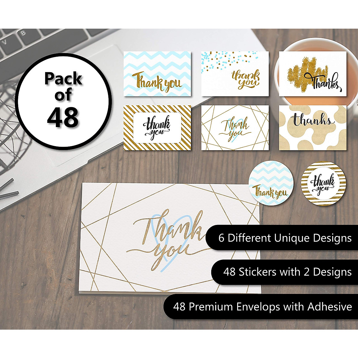 East Pearl Thank You Cards Set of 48 with Envelopes and Stickers