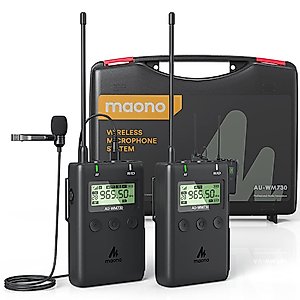 MAONO Wireless Lavalier Microphone System, Lapel Mic with -10dB Attenuation and Low Cut, Real-time Audio Monitoring, 48-Channel and Mute Compatible with Canon Nikon Sony DSLR, Camcorders(AU-WM730)