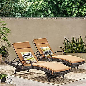 Christopher Knight Home Salem Outdoor Wicker Adjustable Chaise Lounges with Arms, with Cushions, 2-Pcs Set, Multibrown / Carmel