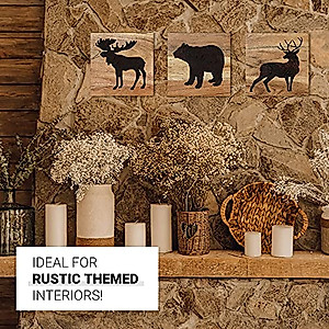 HomeRustique Real Wooden Cabin Decor with Bear, Deer and Moose (Set of 3) - Woodland Rustic Wall Decoration for Home, Log Cabin, Hunting Theme, Mountain Lodge or Bathroom, Animal Pictures Decor