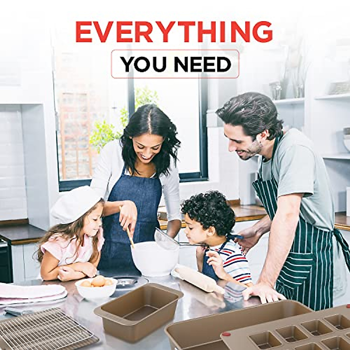 Elbee Home 8-Piece Nonstick Space Saving Bread Baking Pan Set - Includes Large Roasting Pan - Bread Loaf Pan - Baguette Pan - Cooling Rack - 8-Cavity Mini Loaf Pan Aluminized Steel - PFOA & PFOS Free