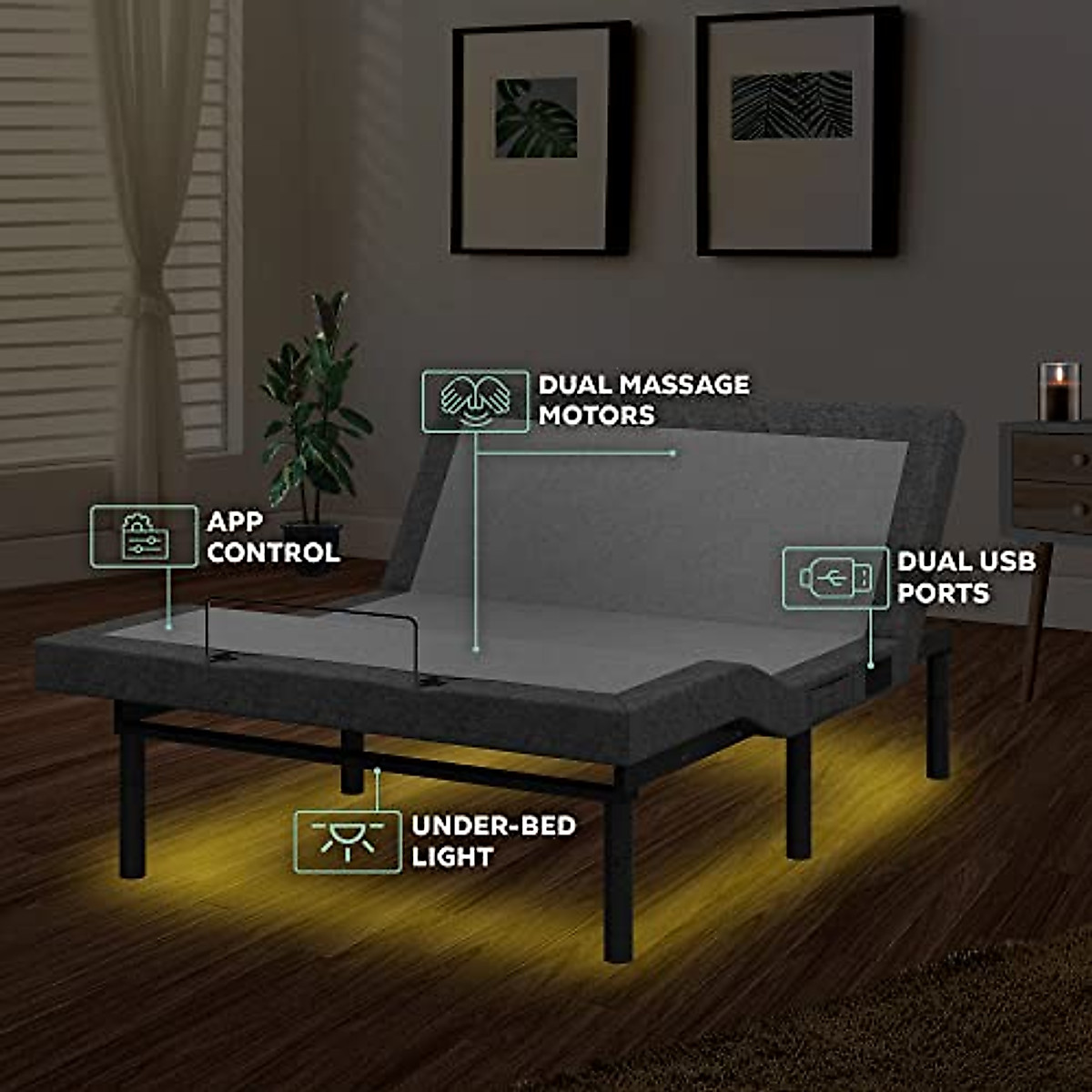 Renanim Adjustable Bed Frame with 12" Mattress Included Electric Massage - USB, Under Bed Light, Luxury Cooling Gel Memory Foam Mattress, App Control, Zero Gravity, Head and Foot Incline Base Twin XL