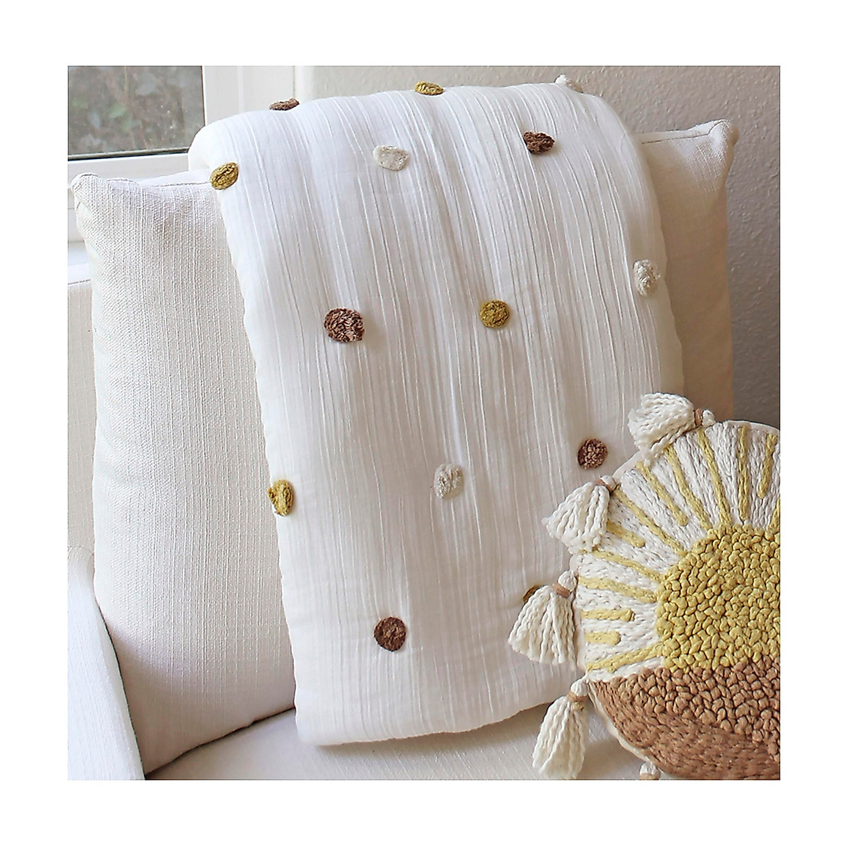 Crane Baby Blanket, Soft Cotton Pom Pom Nursery and Toddler Blanket for Boys and Girls, Cream, 36” x 36”