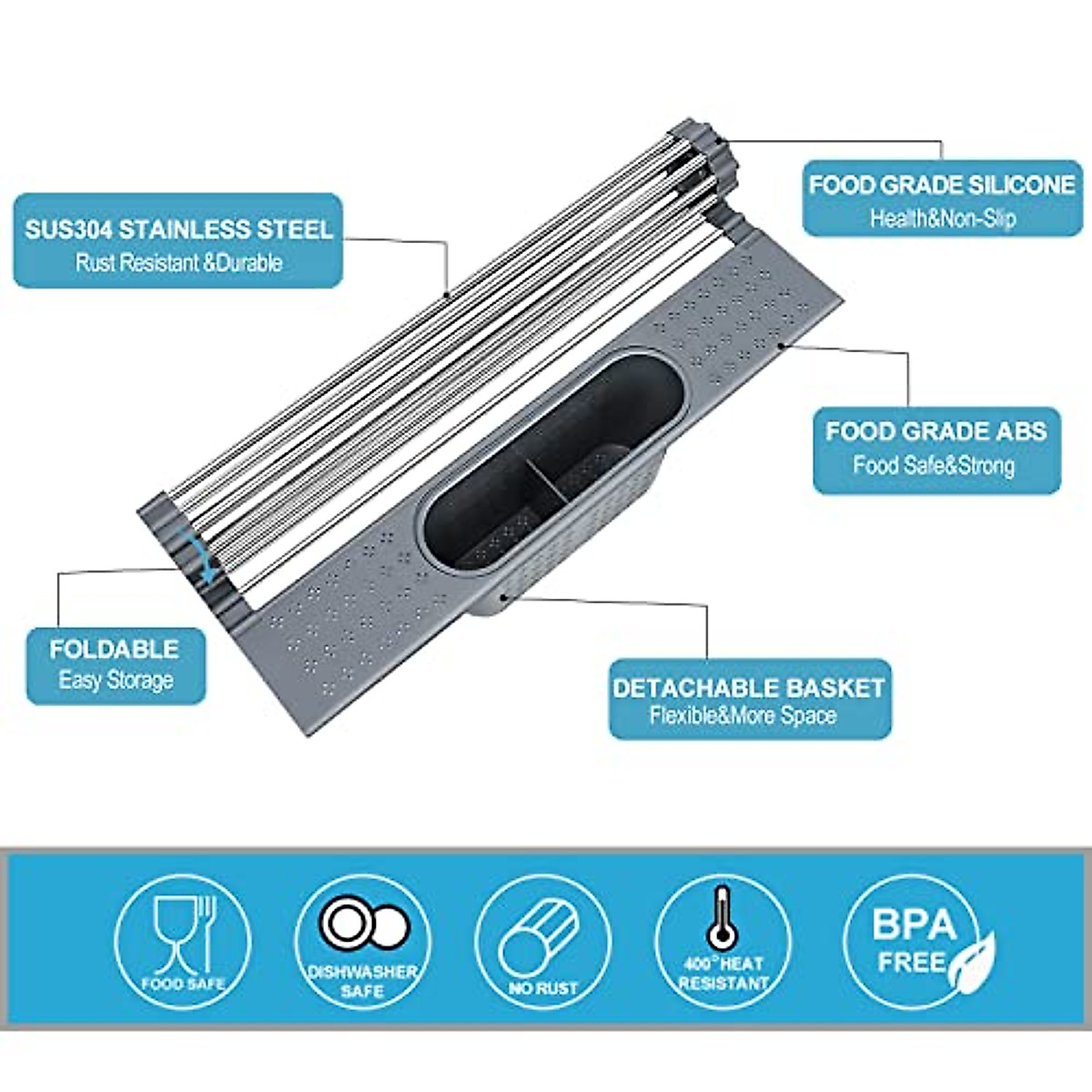 Roll Up Dish Drying Rack, Over the Sink Dish Drying Rack for Kitchen Counter Sink, Stainless Steel Sink Drying Rack with Utensil Holder, Multipurpose Foldable Kitchen Sink Rack Mat -Grey(17.3" x15.3")