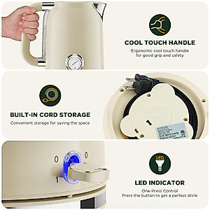 Electric Tea Kettle with Thermometer, KOIOS 1.7L 1500W BPA-Free Stainless Steel Fast Water Boiler with LED Indicator, Cordless Electric Tea Pot, 360° Rotation,Auto Shut-Off & Boil-Dry Protection