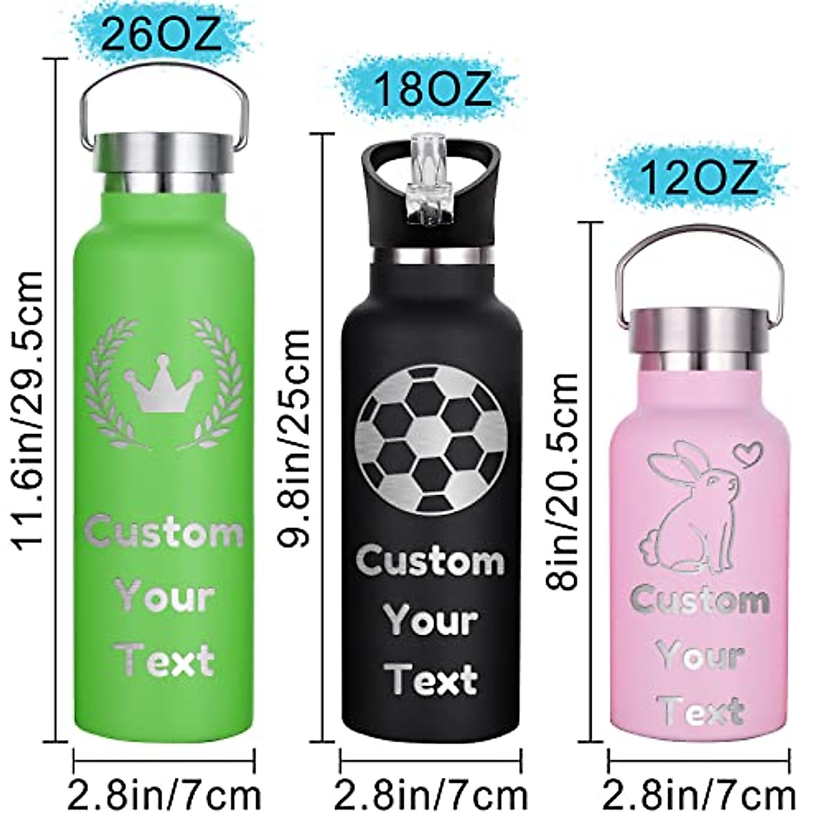 YAEILOV Personalized Water Bottles with Straw Lid Bulk Engraved Custom Insulated Metal Sports Bottle with Name and Text for Dad Gifts-Rose pink(30 Icons,7 Colors,12oz/26oz)