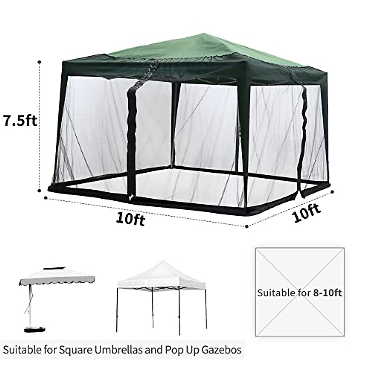 LooDro Square Patio Umbrella Mosquito Nets 10 x 10 x 7.5ft,Polyester Umbrella Netting with Zipper Door and Adjustable Rope,Fits 8-10ft Outdoor Umbrellas and Patio Tables (Black)