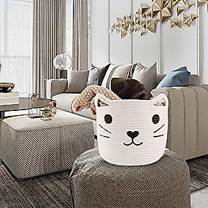 12''X10'' Woven Basket White Toy Storage Basket Cat Design | LONTAN Cotton Rope Basket Collapsible Baby Hamper Cute Bathroom Storage Basket for Clothes, Towels