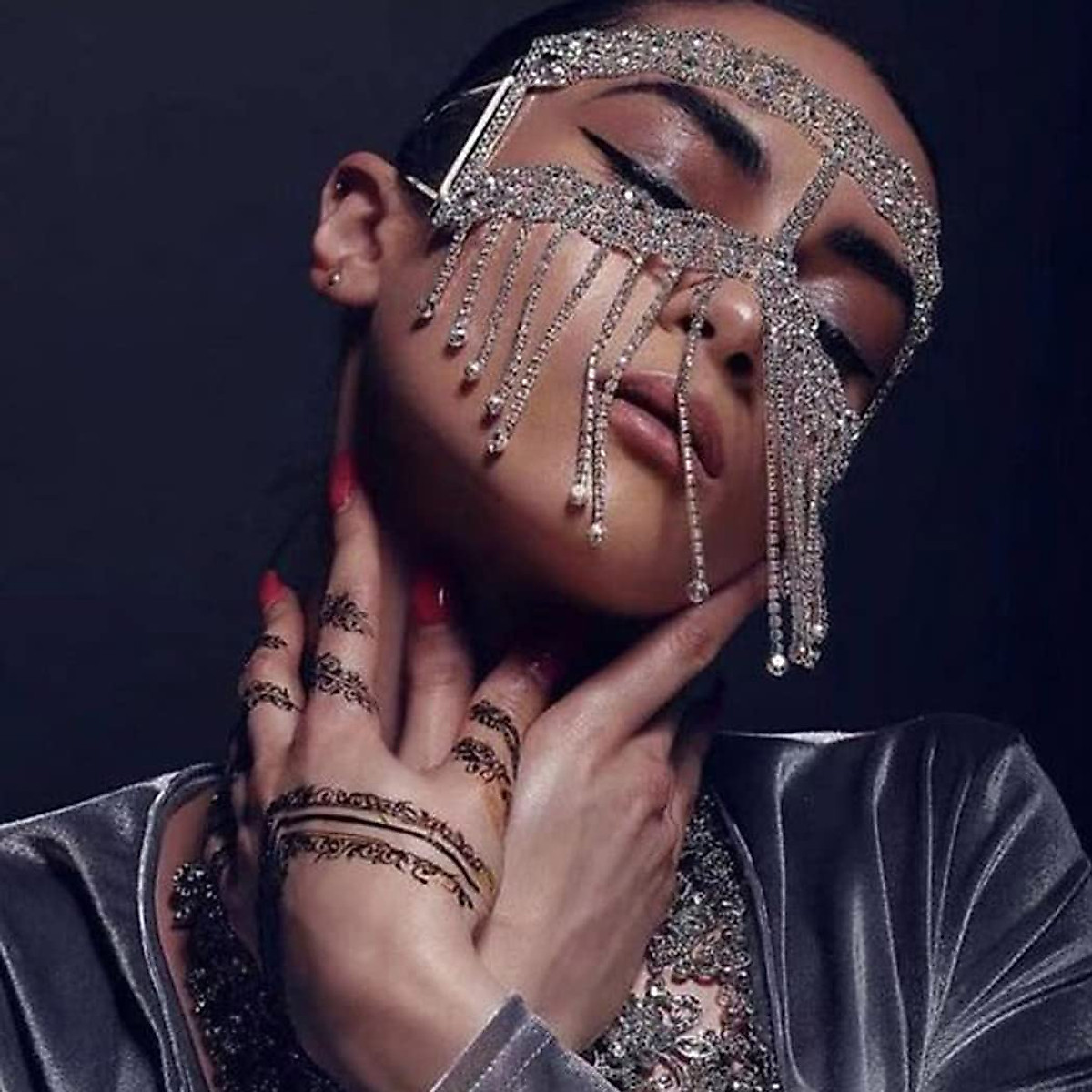 Fdesigner Vintage Head Chain Rhinestone Wedding Headpieces Bride Mask Hair Jewelry Women Hair Accessories for Party Festival Costume Prom (Silver-Unique)