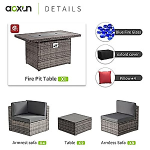 Aoxun Patio Furniture Set with Fire Pit Table 15 PCS Outdoor Furniture Outdoor Wicker Patio Conversation Sets with 44'' Gas Fire Pit Table Coffee Table, Grey