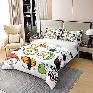 100% Natural Cotton Sushi Pattern Bedding Set Twin, Japanese Style Duvet Cover, Food Theme Comforter Cover Set For Kids Boys Girls Teens, Cute Cartoon Japanese Sushi Bedding Room Decorative