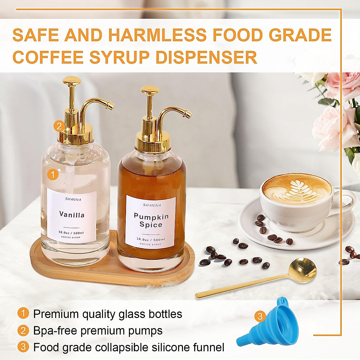 Coffee Syrup Dispenser for Coffee Bar, 16.9oz 500ml Glass Syrup Dispenser w Golden Coffee Scoop, Coffee Syrup Pump Dispenser w 36 Labels and Bamboo Tray, Coffee Syrup Bottles with Golden Pump, 2PCS