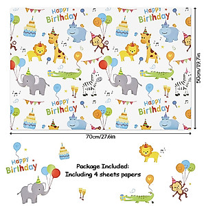 Birthday Wrapping Paper For Kids Girls Boys, Animals Party Design Gift Wrap Paper for Birthday Baby Shower, 4 Sheets Folded Flat 20x28 Inches Per Sheet, Monkey Lion Elephant Giraffe Alligator Zebra