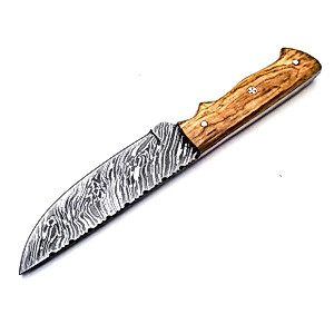 Nooraki REG-48 Hunting/Skinner Damascus Steel Handmade Knife 11 Inches Full Tang with Leather Sheath, Olive Wood