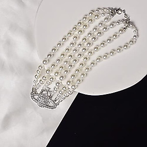 Saturn Pearl Necklace White Pearl Choker Necklace for Women Crystal Rhinestone Planet Necklace Gifts for Mum Wife Girlfriend Wedding Birthday Anniversary (silver, Zinc Alloy)