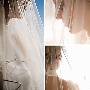 White Wedding Veil,2 Tier Ribbon Edge Center Cascade Bridal Veil with Comb for Bachelorette Party