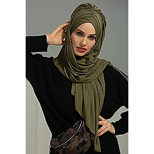 Aisha's Design Instant Hijab for Women Muslim, Presewn 95% Cotton Jersey Turban, Ready to Wear Scarf, Army Green